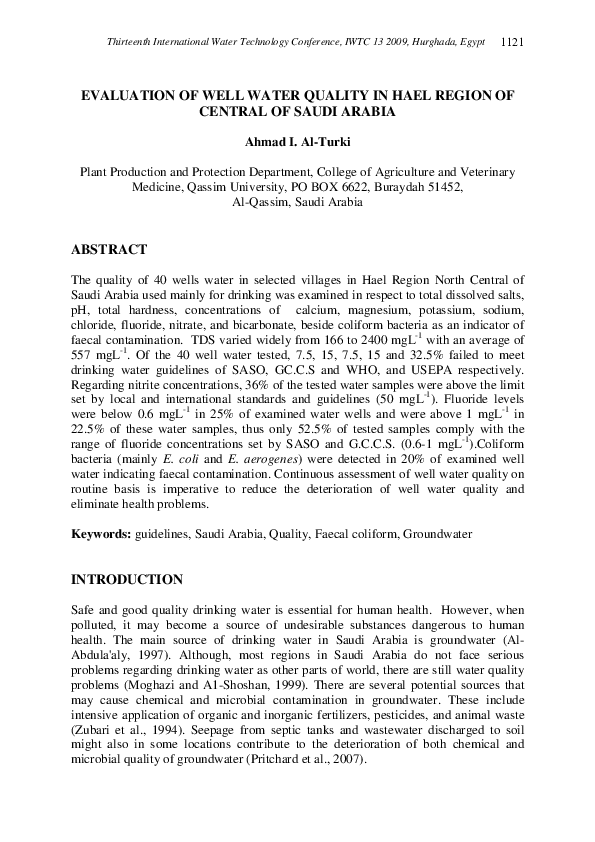 (PDF) Evaluation of Well Water Quality in Hael Region of Central of ...