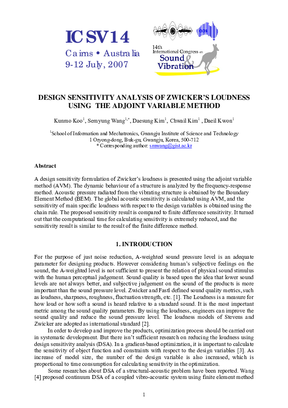 ICSV 14 Cairns • Australia 9-12 July , 2007 1 DESIGN SENSITIVITY ANALYSIS OF ZWICKER ’ S ...