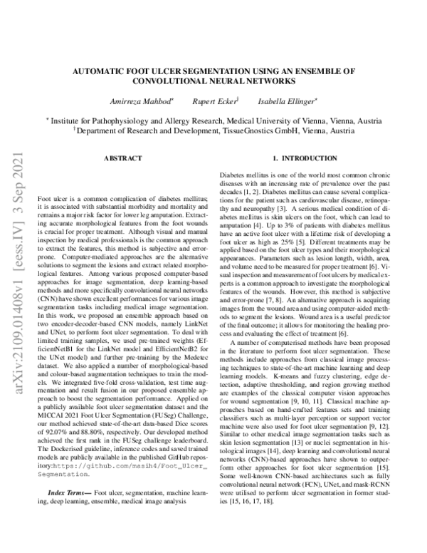 Pdf Automatic Foot Ulcer Segmentation Using An Ensemble Of Convolutional Neural Networks