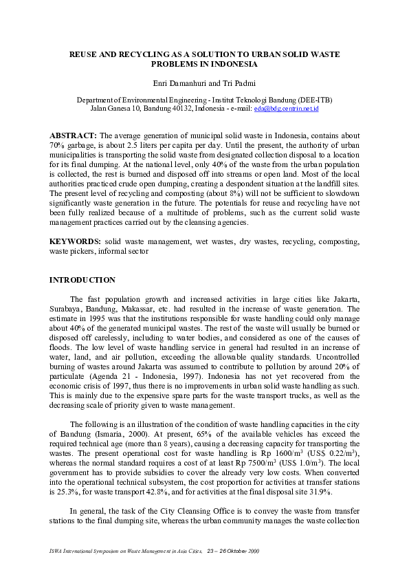 (PDF) Reuse and Recycling as a Solution to Urban Solid Waste Problems ...