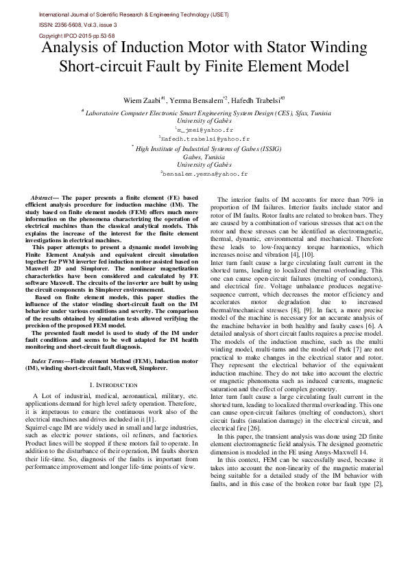 Pdf Analysis Of Induction Motor With Stator Winding Short Circuit Fault By Finite Element Model