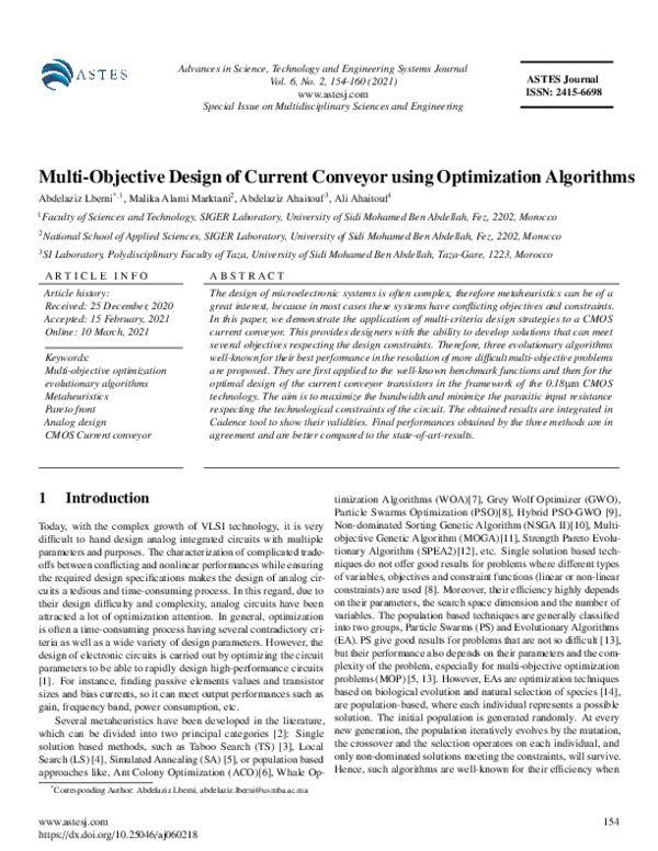 (PDF) Multi-Objective Design of Current Conveyor using Optimization Algorithms