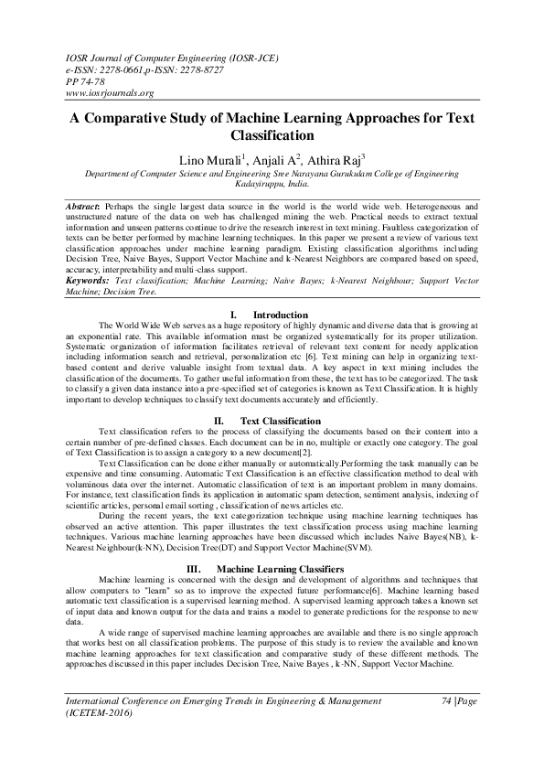 (PDF) A Comparative Study of Machine Learning Approaches for Text ...