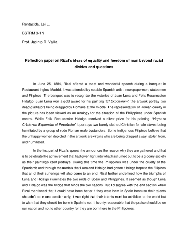 (PDF) Rizal's speech in honor of Luna and Hidalgo Reflection Paper