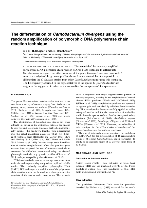 (PDF) The differentiation of Carnobacterium divergens using the random ...