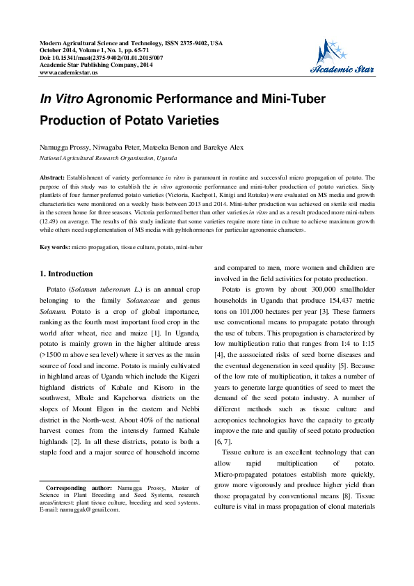 (PDF) In Vitro Agronomic Performance and Mini-Tuber Production of ...