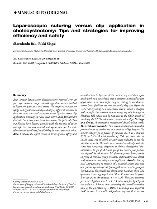(PDF) Laparoscopic suturing versus clip application in cholecystectomy: Tips and strategies for ...