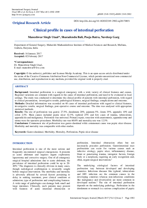(PDF) Clinical profile in cases of intestinal perforation