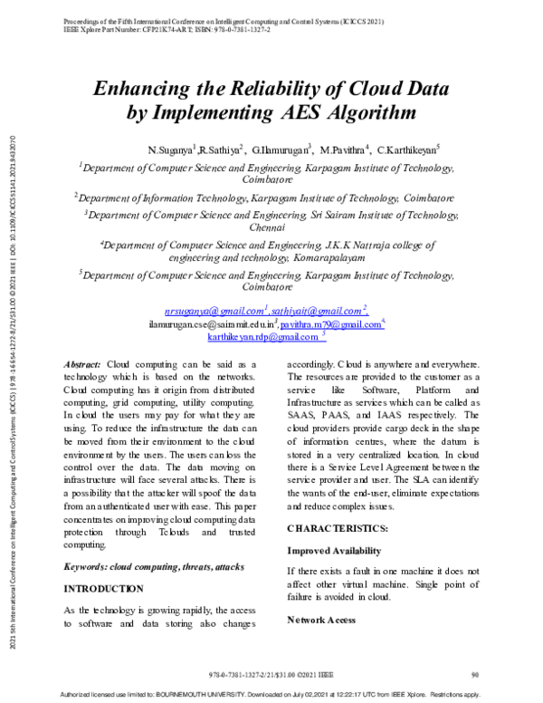 (PDF) Enhancing the Reliability of Cloud Data by Implementing AES Algorithm