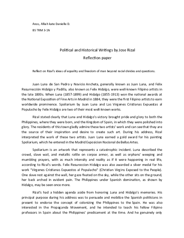 (DOC) Political and Historical Writings by Jose Rizal Reflection paper