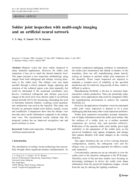 (PDF) Solder joint inspection with multi-angle imaging and an artificial neural network