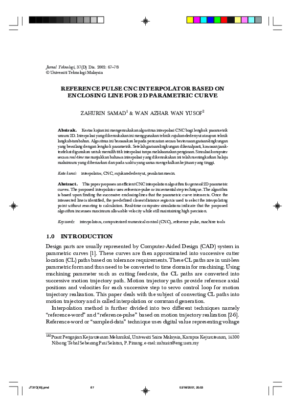 (PDF) Reference Pulse CNC Interpolator Based on Enclosing Line for 2D Parametric Curve | Zahurin ...