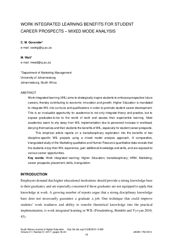 (PDF) Work integrated learning benefits for student career prospects ...