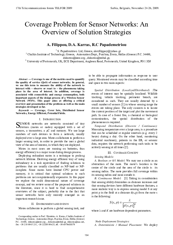 Pdf Coverage Problem For Sensor Networks An Overview Of Solution Strategies
