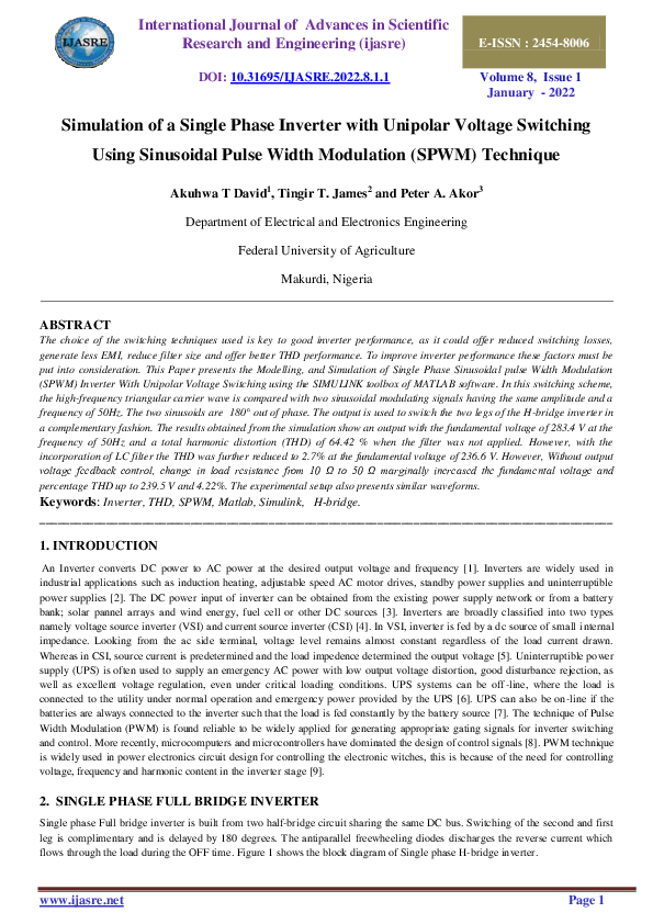 Pdf Simulation Of A Single Phase Inverter With Unipolar Voltage Switching Using Sinusoidal