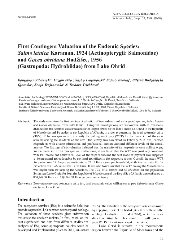 (PDF) First Contingent Valuation of the Endemic Species: Salmo letnica Karaman, 1924 ...