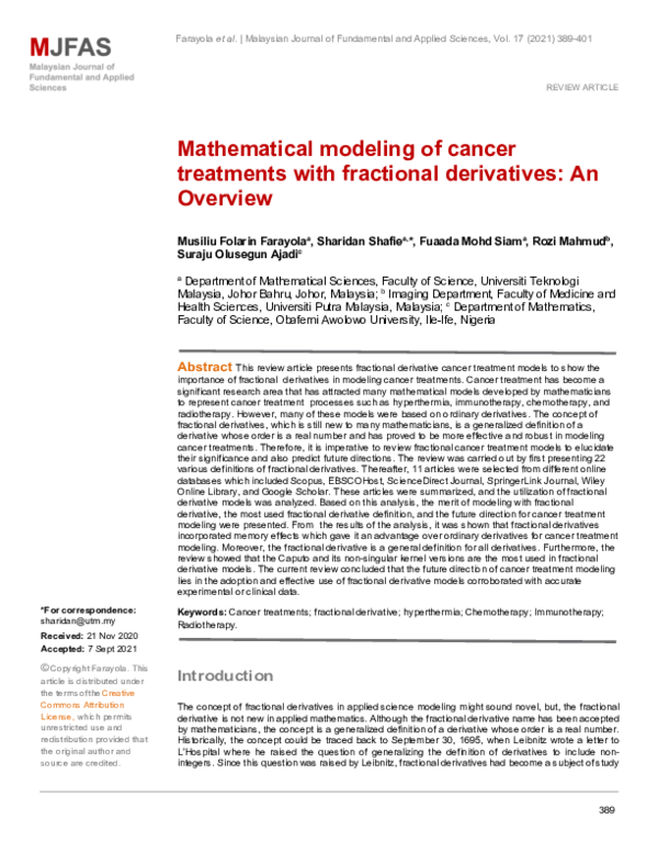 (PDF) Mathematical modeling of cancer treatments with fractional ...