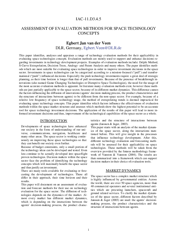 (PDF) Assessment of Evaluation Methods for Space Technology Concepts
