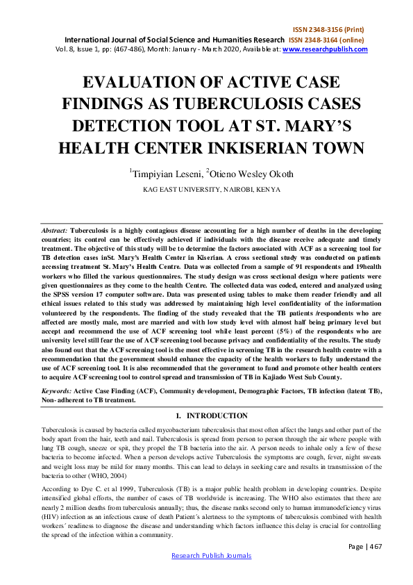 (PDF) Evaluation of Active Case Findings as Tuberculosis Cases ...