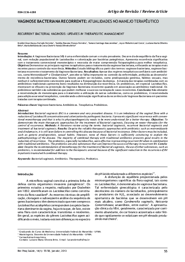 (PDF) Recurrent Bacterial Vaginosis : Updates in Therapeutic Management