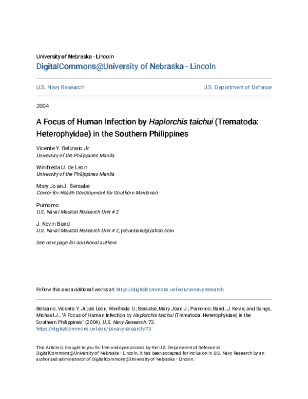 (PDF) A focus of human infection by Haplorchis taichui (Trematoda ...