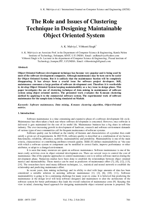 (PDF) The Role and Issues of Clustering Technique in Designing Maintainable Object Oriented System