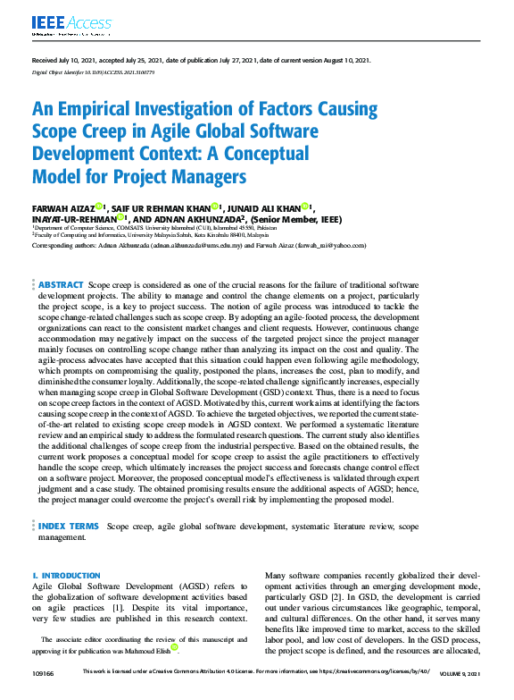 (PDF) An Empirical Investigation of Factors Causing Scope Creep in Agile Global Software ...