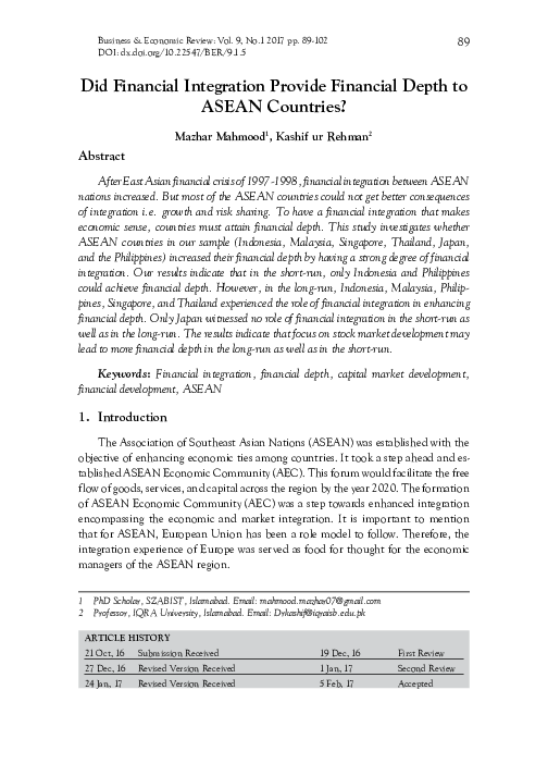 (PDF) Did Financial Integration Provide Financial Depth to ASEAN Countries?