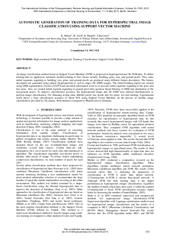(PDF) Automatic Generation Of Training Data For Hyperspectral Image Classification Using Support ...