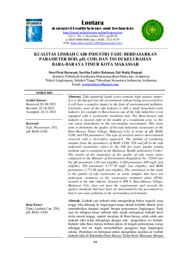 (PDF) Kualitas Limbah Cair Industri Tahu Berdasarkan Parameter BOD, pH, COD dan TSS di Kelurahan ...