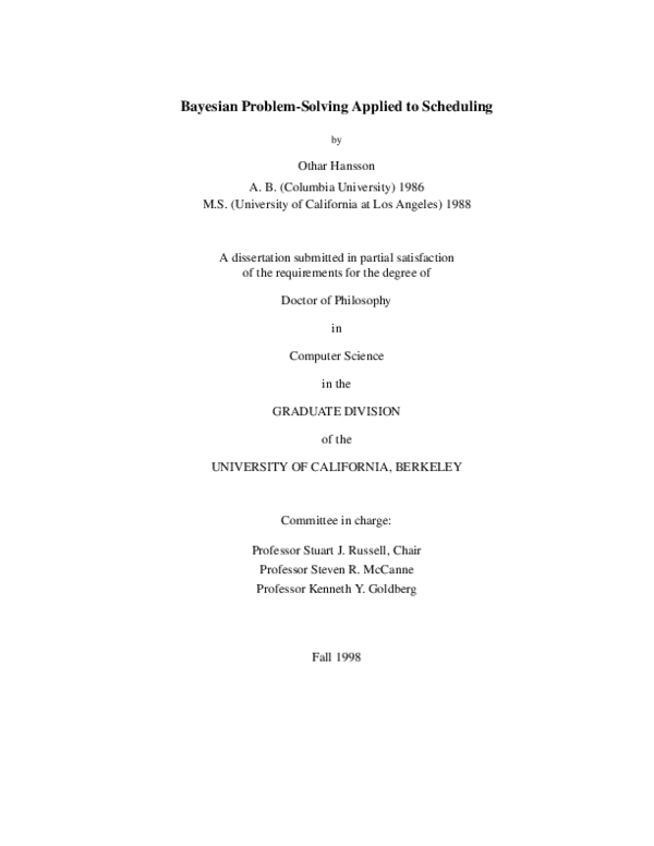 Pdf Bayesian Problem Solving Applied To Scheduling