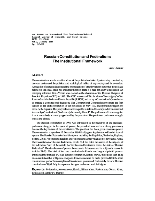 (PDF) Russian Constitution and Federalism: The Institutional Framework