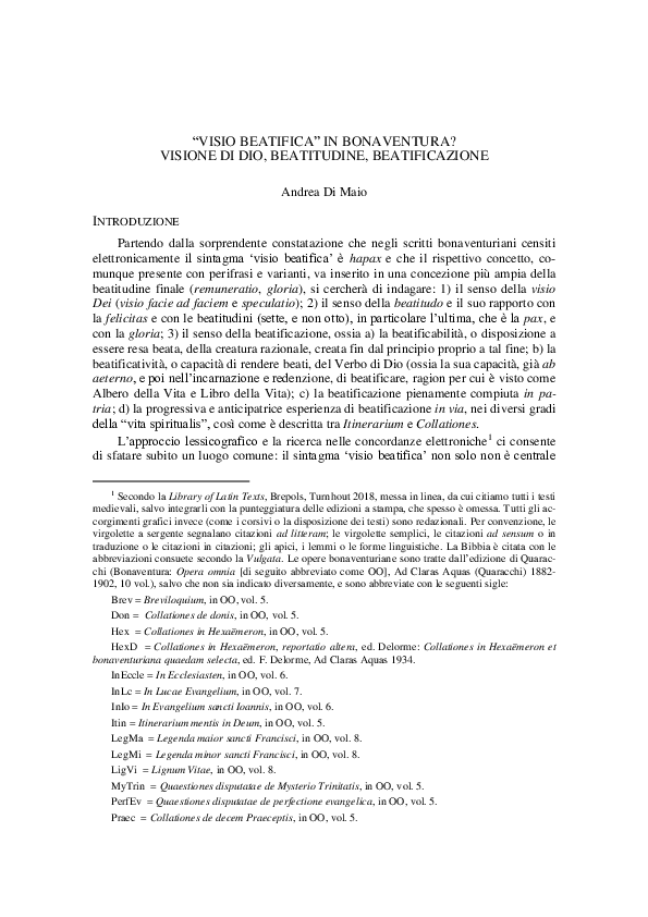(PDF) "VISIO BEATIFICA" IN BONAVENTURA? VISIONE DI DIO, BEATITUDINE ...