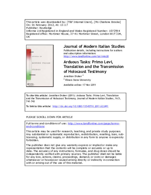 (PDF) Lina Insana. Arduous Tasks: Primo Levi, Translation and the ...