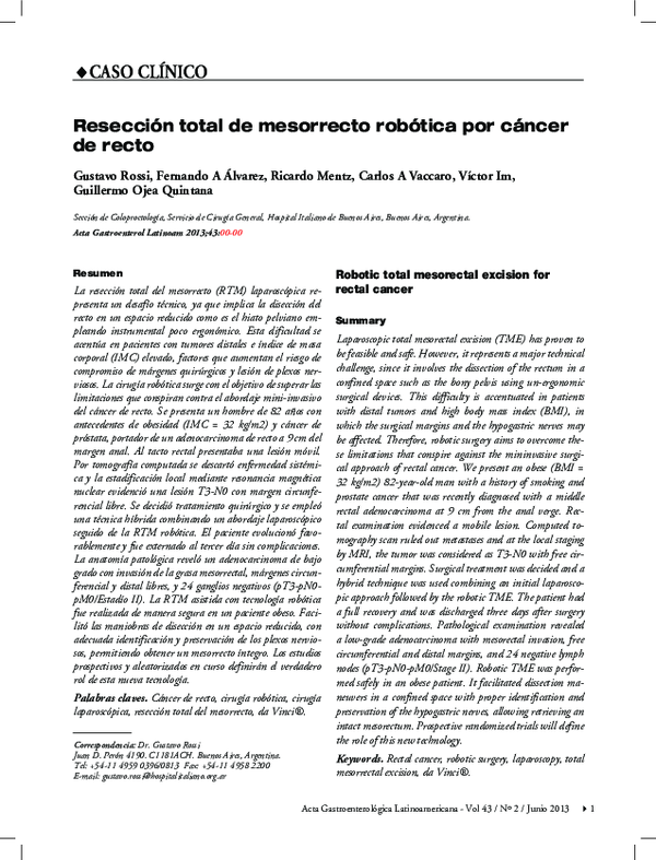 (PDF) [Robotic total mesorectal excision for rectal cancer]