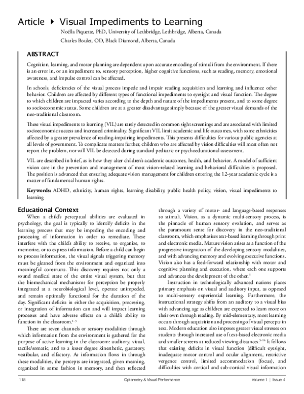 (PDF) Visual impediments to learning