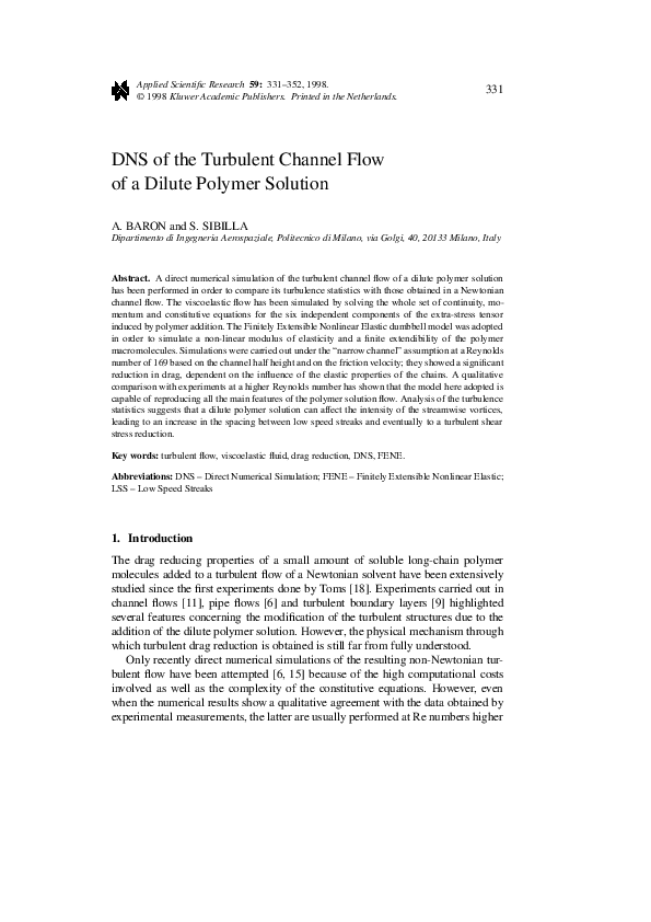 (PDF) DNS of the Turbulent Channel Flow of a Dilute Polymer Solution
