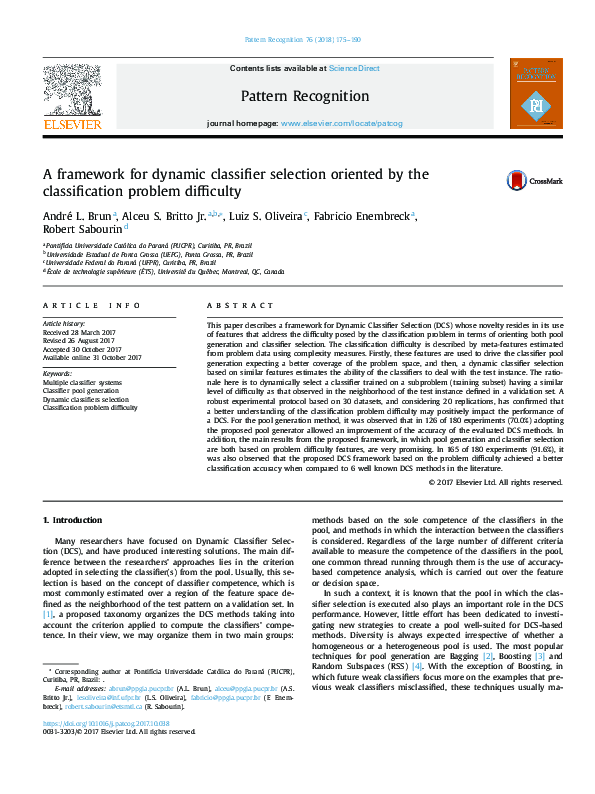(PDF) A framework for dynamic classifier selection oriented by the classification problem difficulty