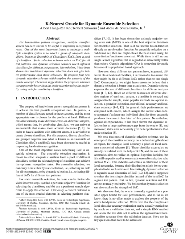 Pdf K Nearest Oracle For Dynamic Ensemble Selection