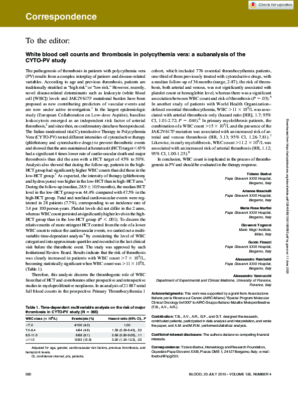 (PDF) White blood cell counts and thrombosis in polycythemia vera: a ...