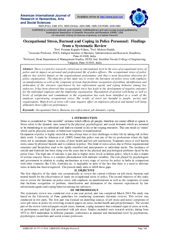 (PDF) Occupational Stress, Burnout and Coping in Police Personnel ...