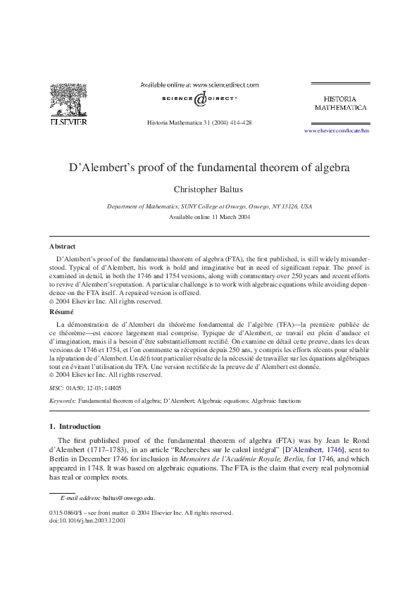(PDF) D'Alembert's proof of the fundamental theorem of algebra