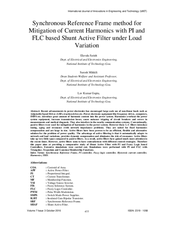 (PDF) Synchronous Reference Frame method for Mitigation of Current Harmonics with PI and FLC ...