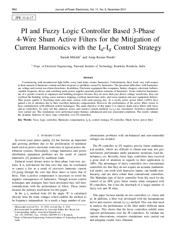 Pdf Pi And Fuzzy Logic Controller Based 3 Phase 4 Wire Shunt Active