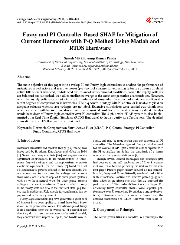 (PDF) Fuzzy and PI Controller Based SHAF for Mitigation of Current Harmonics with P-Q Method ...