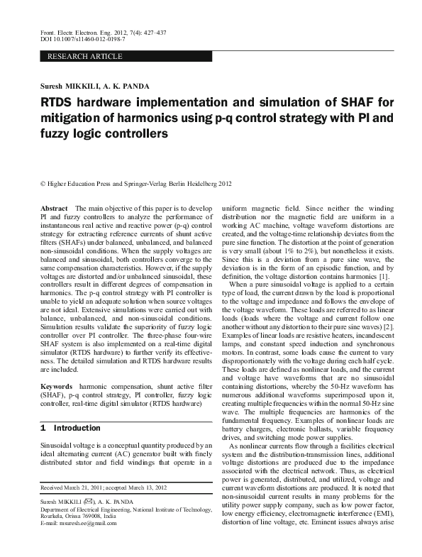 (PDF) RTDS hardware implementation and simulation of SHAF for mitigation of harmonics using p-q ...
