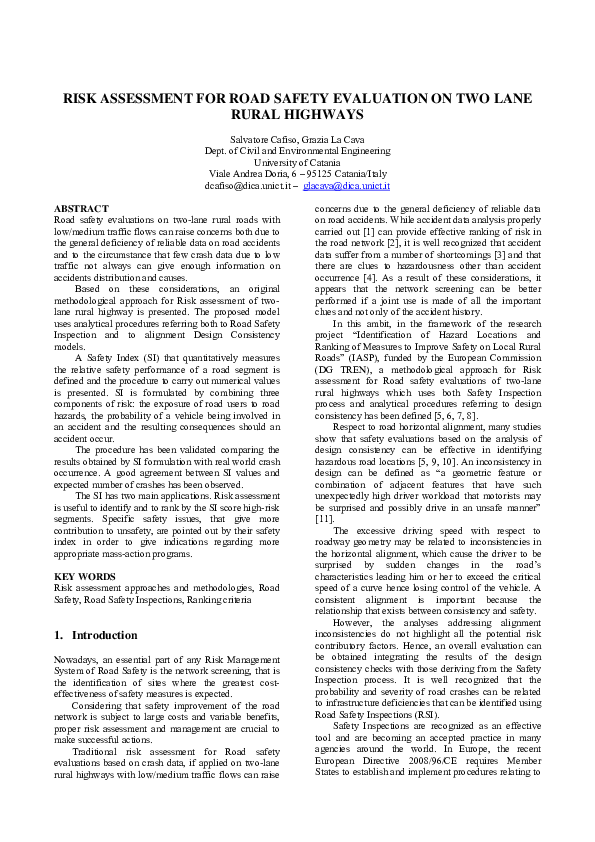 (PDF) RISK ASSESSMENT FOR ROAD SAFETY EVALUATION ON TWO LANE RURAL HIGHWAYS