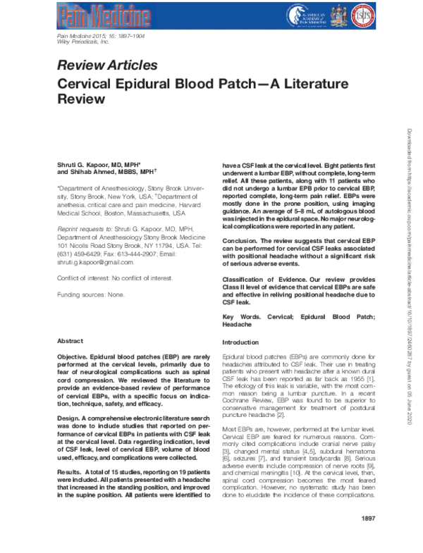 (PDF) Cervical epidural blood patch-A literature review | MD.Shihab Ahmed - Academia.edu