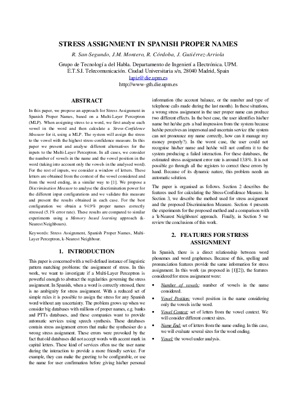 (PDF) Stress Assignment in Spanish Proper Names
