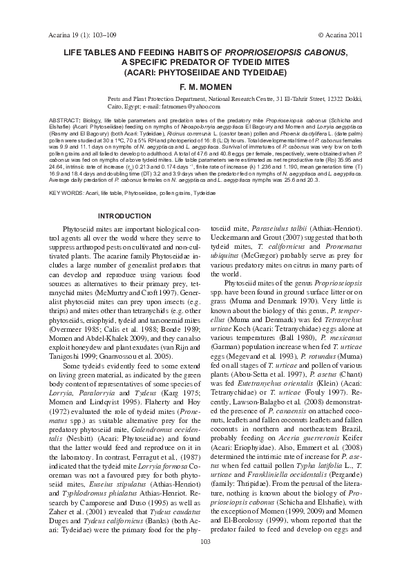 (PDF) Life Tables and Feeding Habits of Proprioseiopsis Cabonus, a ...